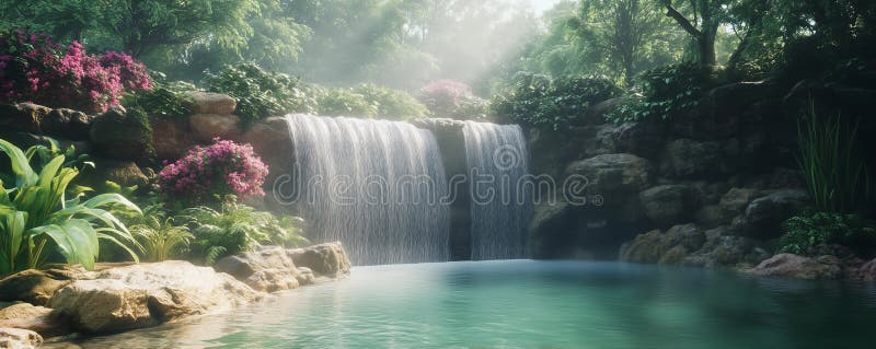 Refreshing Summer Border with a Waterfall Surrounded by Lush Greenery ...