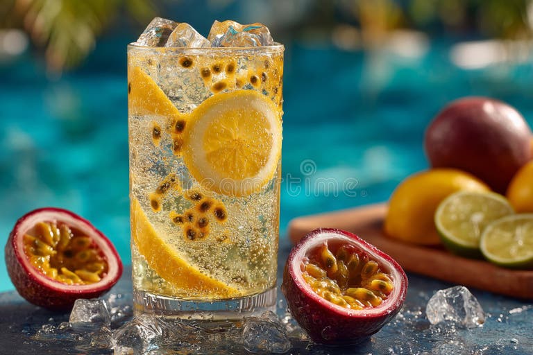 Refreshing Summer Cocktail with Lemon and Passion Fruit by the Poolside ...