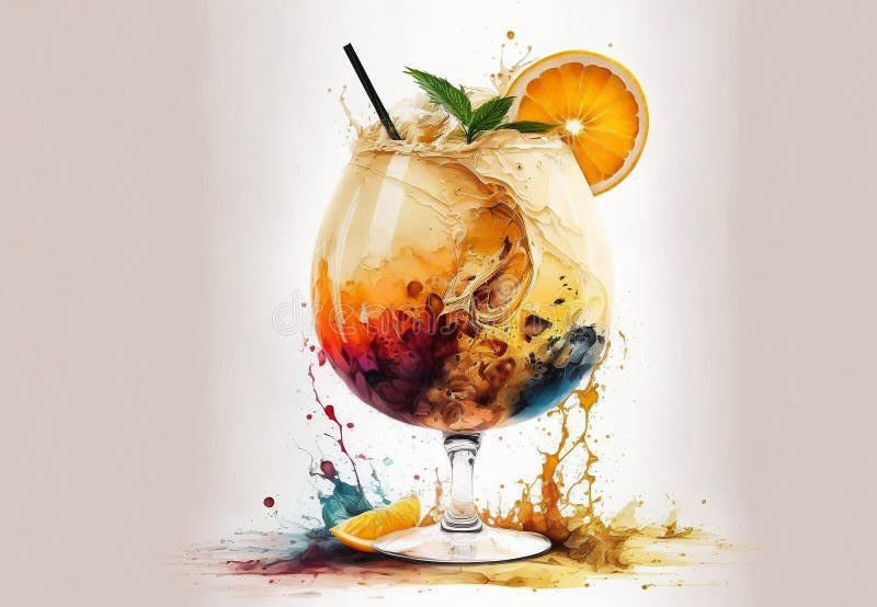 Refreshing Summer Cocktail, Watercolor Design. Stock Illustration ...