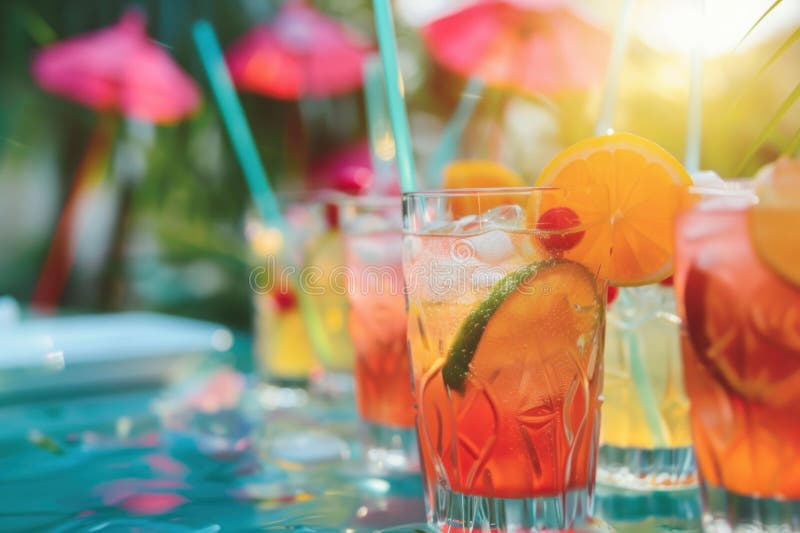 Refreshing Summer Cocktails by the Pool at Sunset Stock Image - Image ...