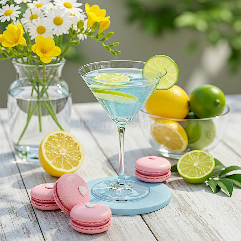 Refreshing Summer Drink with Lemon, Lime, and Macarons on a Sunny Table ...