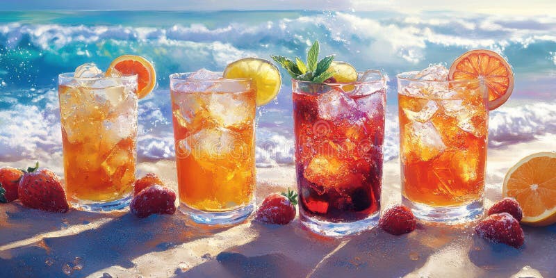 Refreshing Summer Drinks Lined Up on the Beach Shore with Waves in the ...