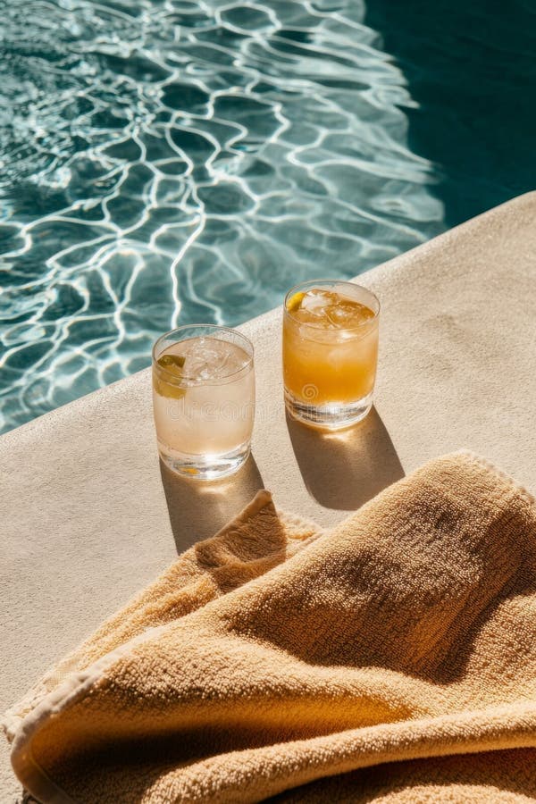 Refreshing Summer Drinks by Poolside with Sunlit Waves Stock Image ...