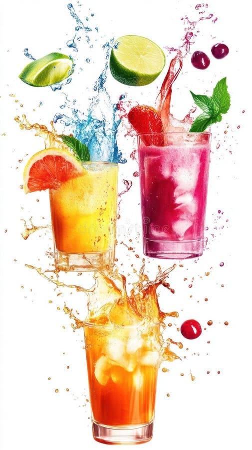 Refreshing Summer Drinks with Splashing Fruit and Ice Stock Photo ...