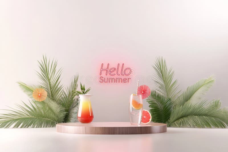Refreshing Summer Drinks with Tropical Palm Leaves and Neon Hello Sign ...
