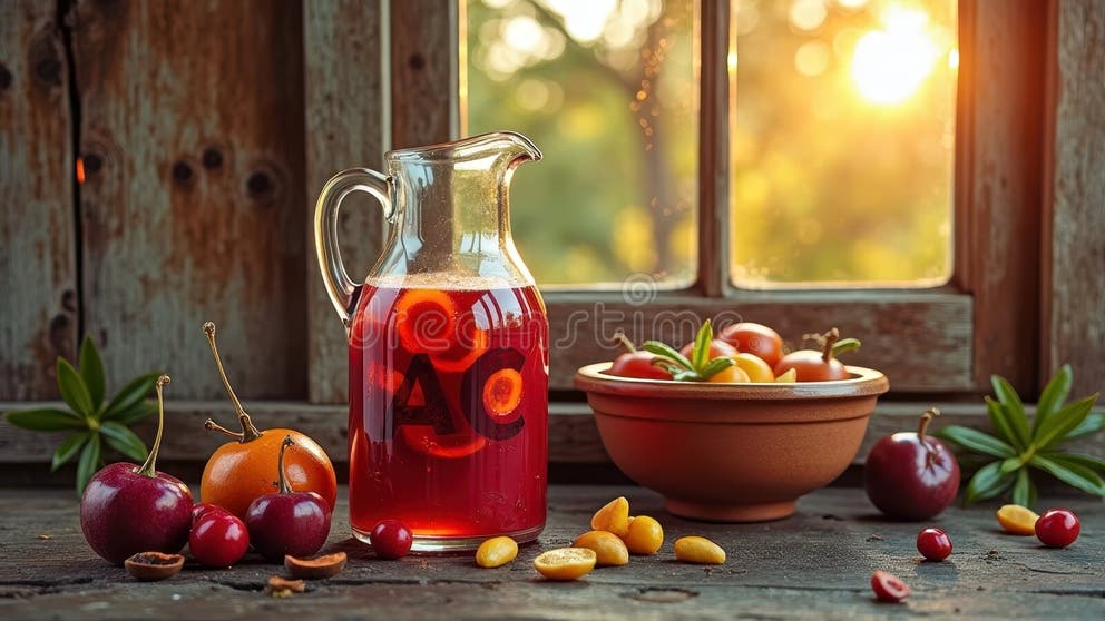 Refreshing Summer Fruit Punch in Rustic Setting at Sunset with Fresh ...