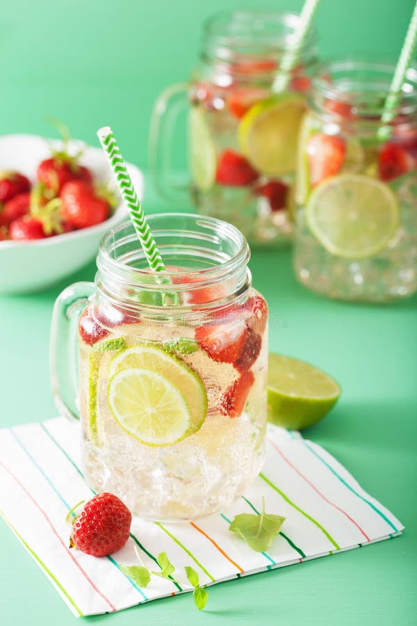 Refreshing Summer Lemonade with Strawberry and Lime in Mason Jar Stock ...