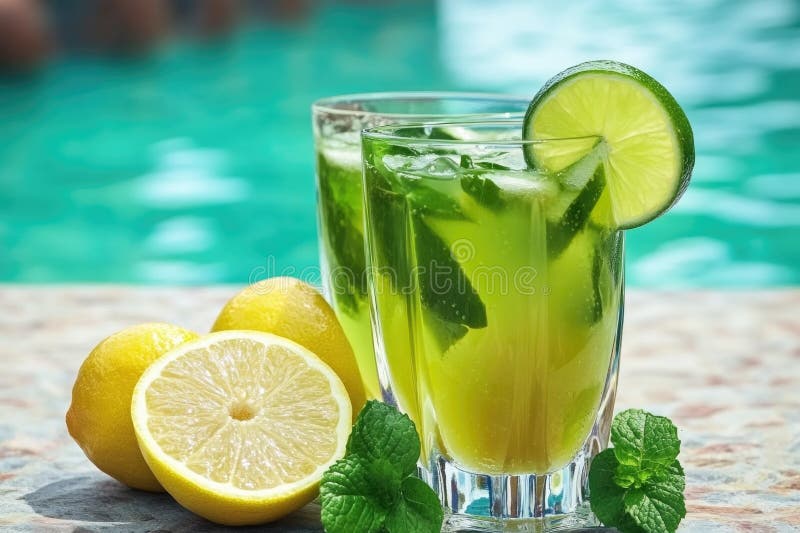 Refreshing Summer Lime and Mint Drinks by a Poolside with Lemons Stock ...