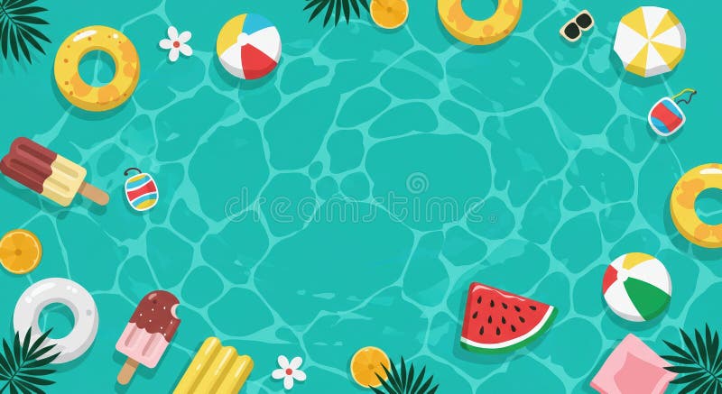Refreshing Summer Pool Top View with Floats, Ball, Drinks. Very ...
