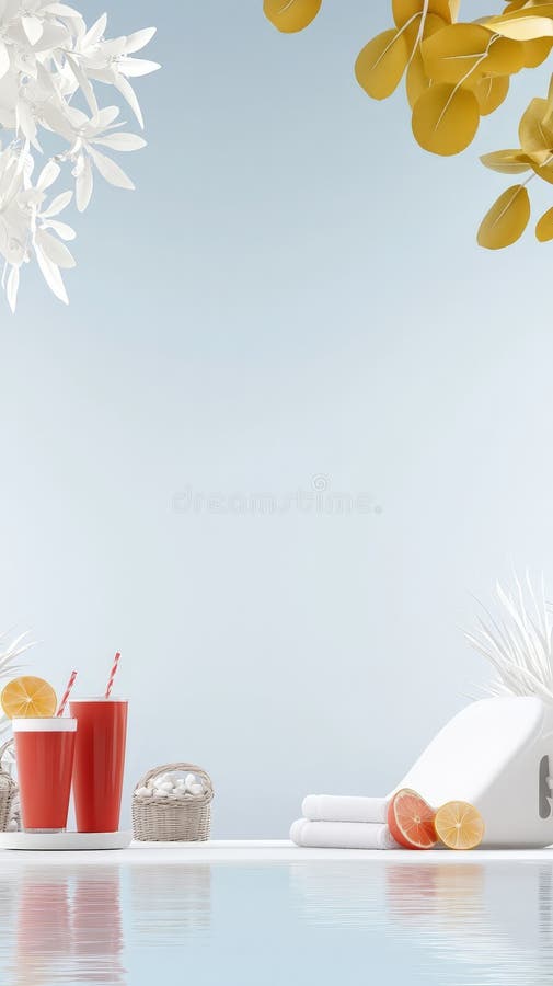 Refreshing Summer Poolside Scene with Citrus Drinks and Leafy Decor ...