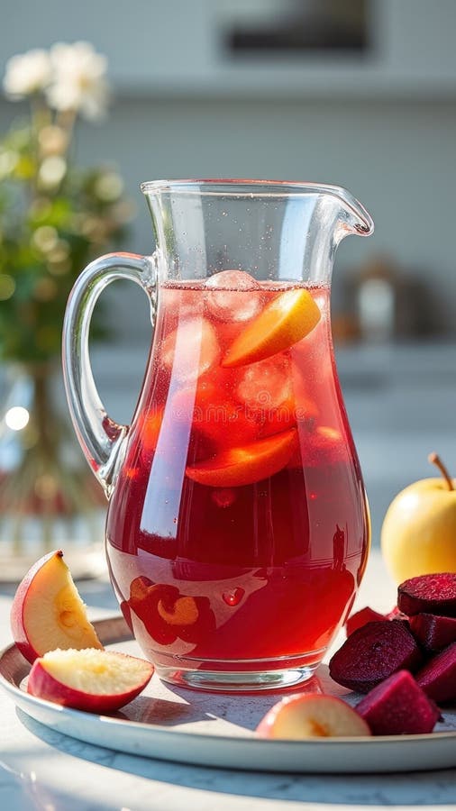 Refreshing Summer Punch with Sliced Apples and Peaches in Glass Pitcher ...