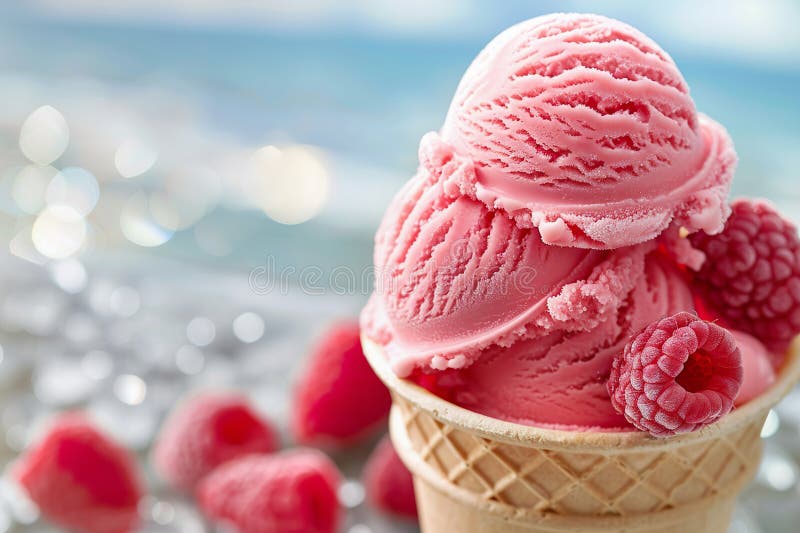 Refreshing Summer Raspberry Ice Cream Cone on a Beach Stock Image ...