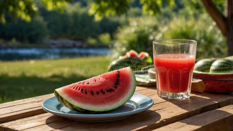 A Refreshing Summer Scene Featuring Watermelon and Juice by a Serene ...