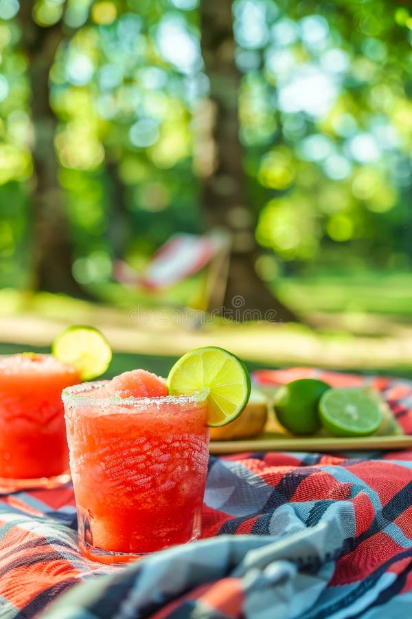 Refreshing Summer Slushies with Lime Garnish on a Checkered Picnic ...
