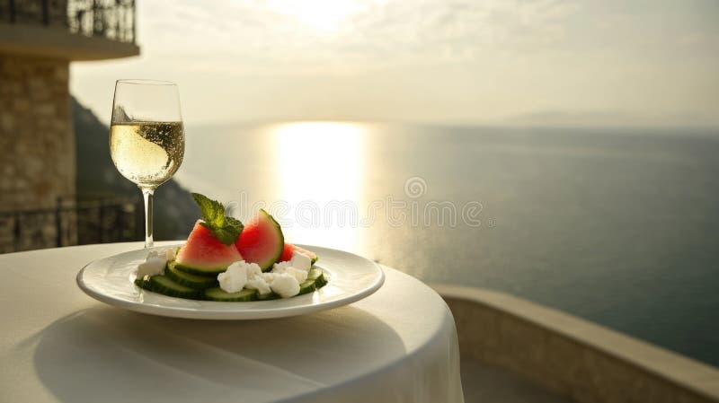 Refreshing Summer Snack with Watermelon, Cheese, and Wine Overlooking ...