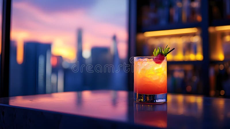 Refreshing Sunset Cocktail on Elegant Bar Counter with City Skyline ...