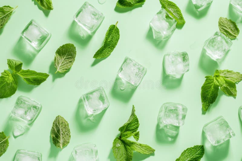Refreshing Top View of Ice Cubes Mingled with Fresh Mint Leaves on a ...