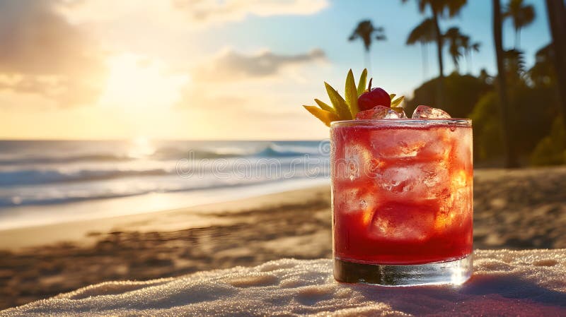 Refreshing Tropical Cocktail on Beach at Sunset with Palm Trees and ...