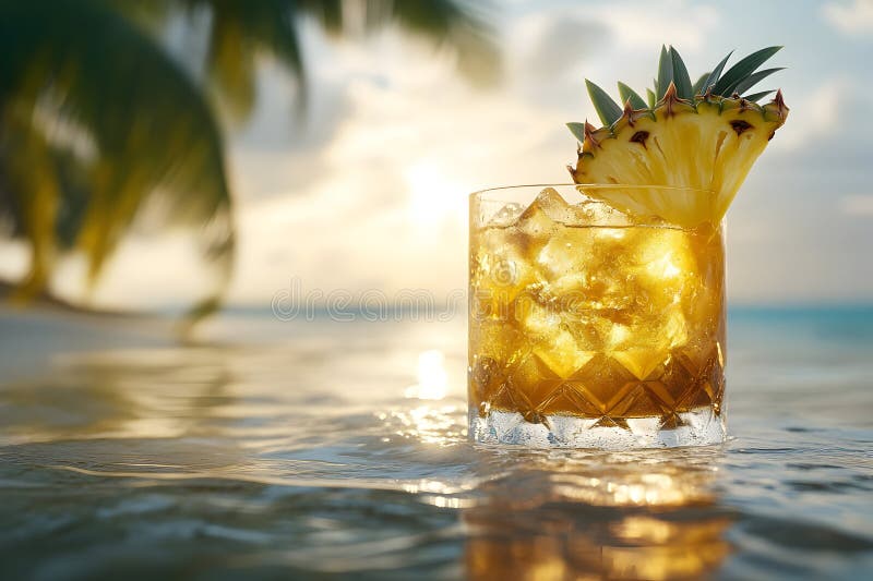 Refreshing Tropical Cocktail on Beach at Sunset with Pineapple Garnish ...