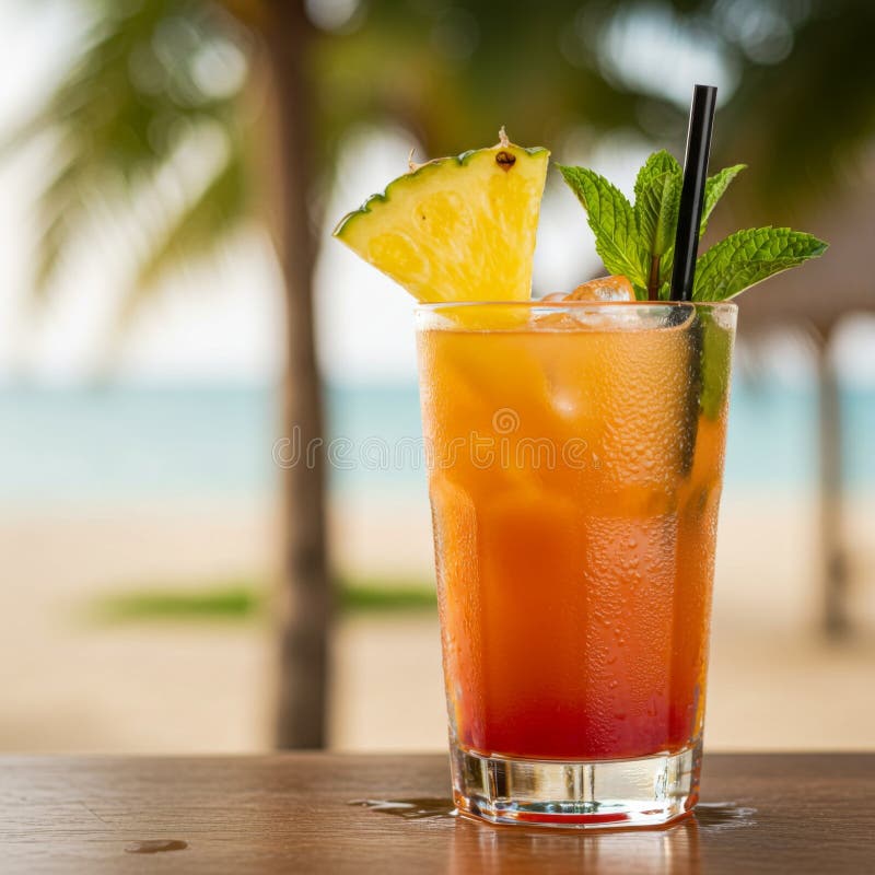 Refreshing Tropical Cocktail with Pineapple and Mint on Beach Stock ...
