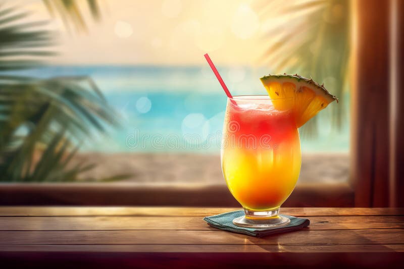 Refreshing Tropical Daiquiri Cocktail On Wooden Table At Beach With