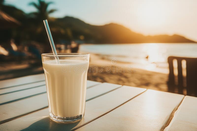 Refreshing Tropical Drink at Sunset on Beachfront Table with Ocean View ...