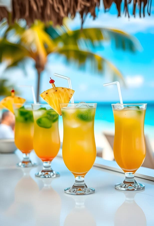 Refreshing Tropical Drinks with Pineapple on a Beach Getaway Stock ...