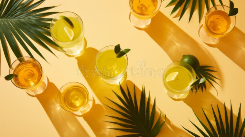 Tropical Drinks and Shadows on Yellow Background Stock Illustration ...
