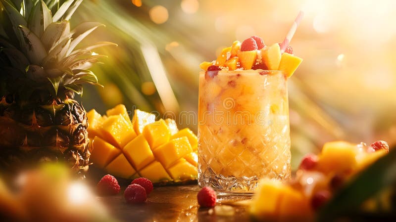 Refreshing Tropical Fruit Cocktail with Pineapple and Mango Garnish in ...