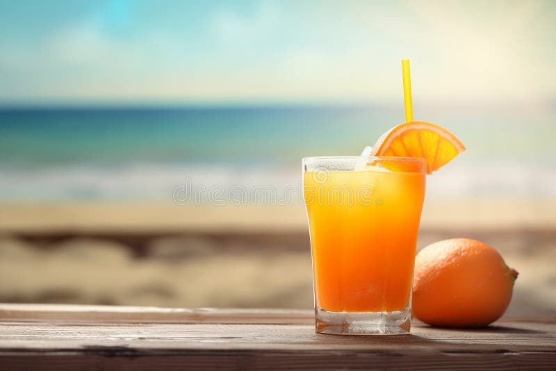 Refreshing Tropical Fruit Drink on the Table with the Beach in the ...