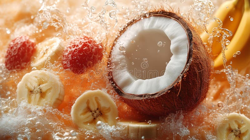 Refreshing Tropical Fruit Splash with Coconut and Berries Stock Image ...