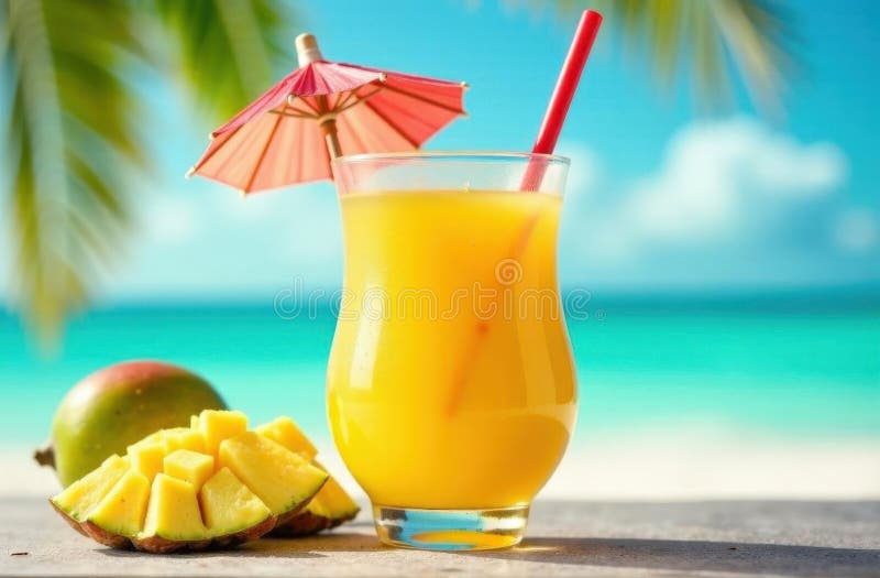 Refreshing Tropical Mango Juice with Umbrella by the Beach Stock Photo ...