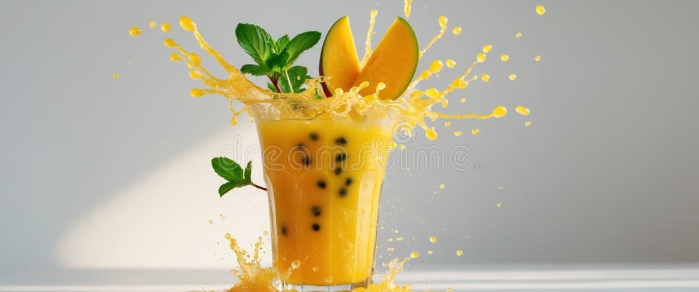 Refreshing Tropical Mango and Passion Fruit Juice Drink Splash Stock ...