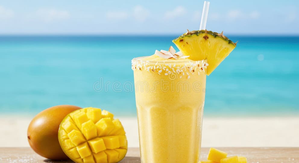 Refreshing Tropical Mango Smoothie with Pineapple by the Ocean Stock ...
