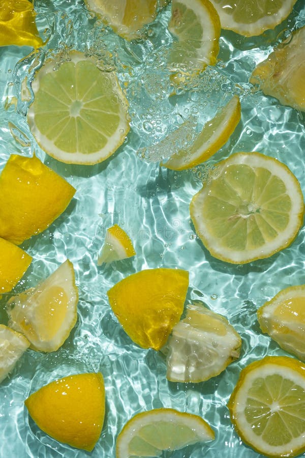 Refreshing Turquoise Citrus Background with Floating Yellow Lemon ...