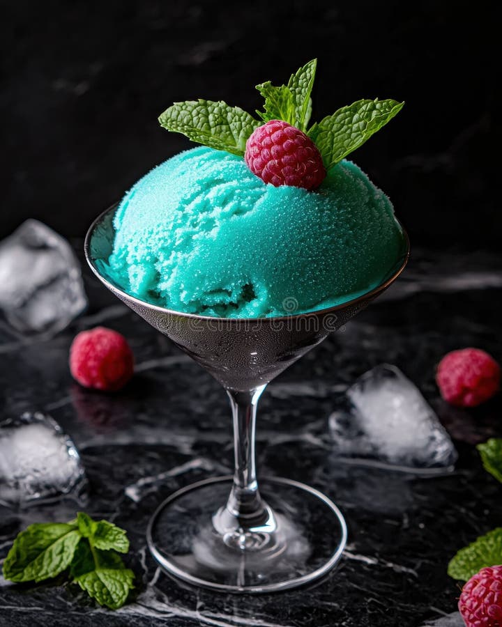 Refreshing Turquoise Ice Cream in a Martini Glass with Raspberry and ...