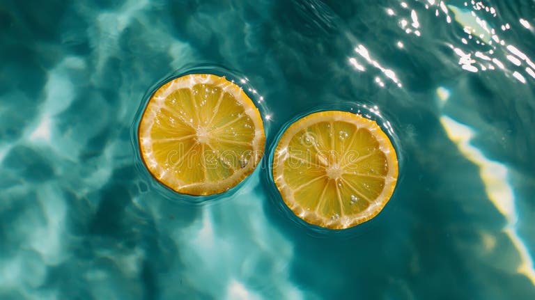In a Refreshing Turquoise Pool, Two Lemon Halves Drift Calmly. Stock ...