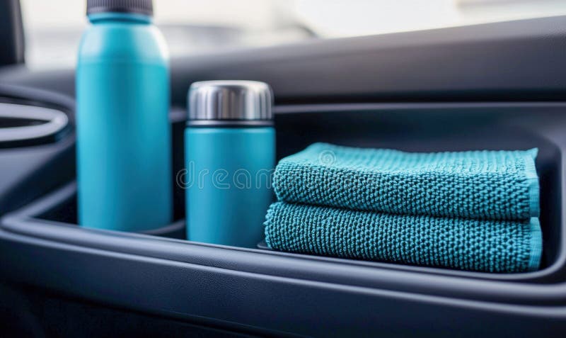 A Refreshing Turquoise Setup with Water Bottles and Soft Towels, Neatly ...