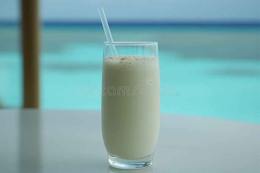 Refreshing Vanilla Milkshake on Beachfront Table with Ocean Background ...