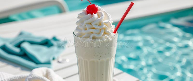 Refreshing Vanilla Milkshake with Whipped Cream and Cherry by a Blue ...