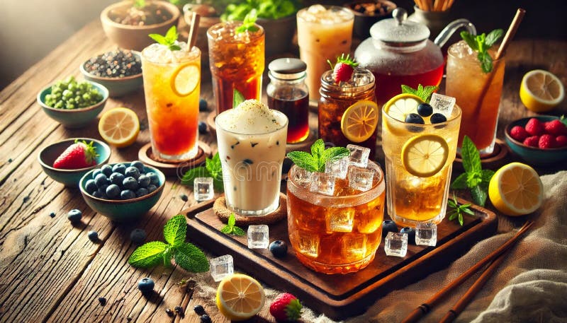 Refreshing Variety of Iced Teas and Fresh Berries on Rustic Table Stock ...