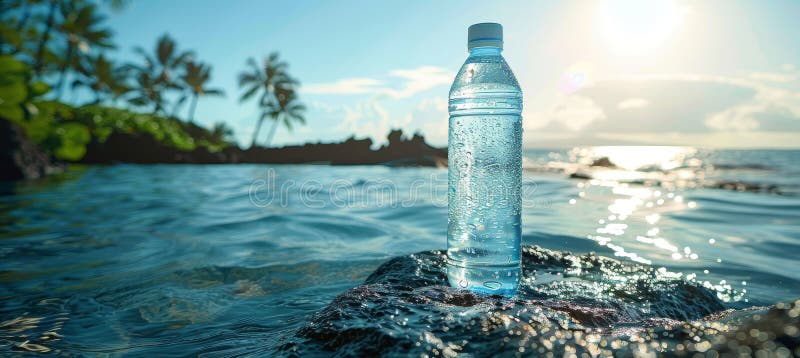 Refreshing Water Bottle by Pool, Natural Backdrop, Dewy Rock, Fresh and ...