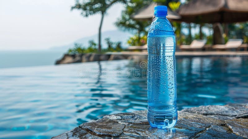 Refreshing Water Bottle by Pool at Resort Hotel, with Natural Dewy Rock ...