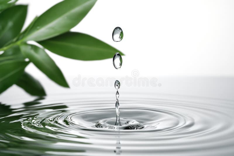 Refreshing Water Droplet and Green Leaves on Calm Surface with Ripples ...