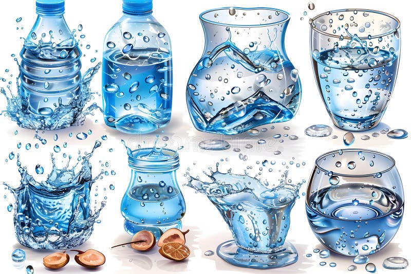 Refreshing Water Splash Collection: Bottles, Glasses, and Citrus ...