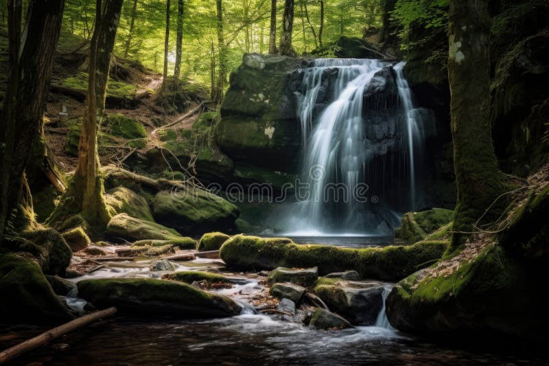 Refreshing Waterfall in Lush Forest Stock Illustration - Illustration ...