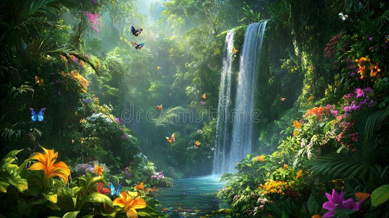 Refreshing Waterfall in a Lush Tropical Forest with Bright Flowers ...
