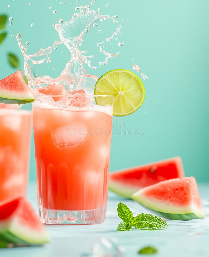 Refreshing Watermelon Cocktail with a Splash of Ice and a Lime Slice, Perfect for Summer Parties ...