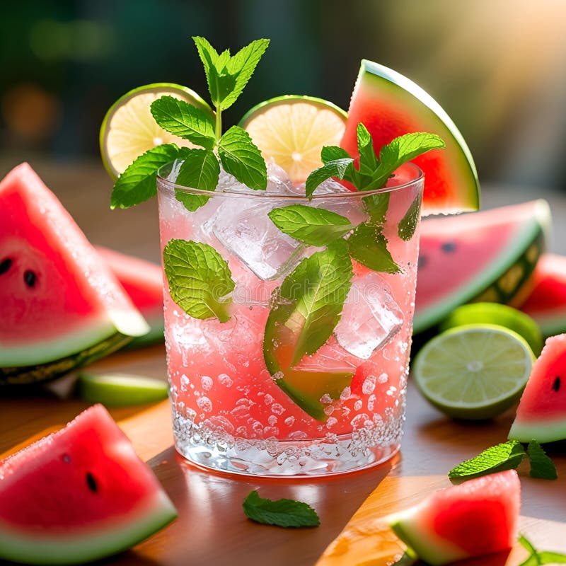Refreshing Watermelon Drink with Mint and Lime Garnish Stock Image ...