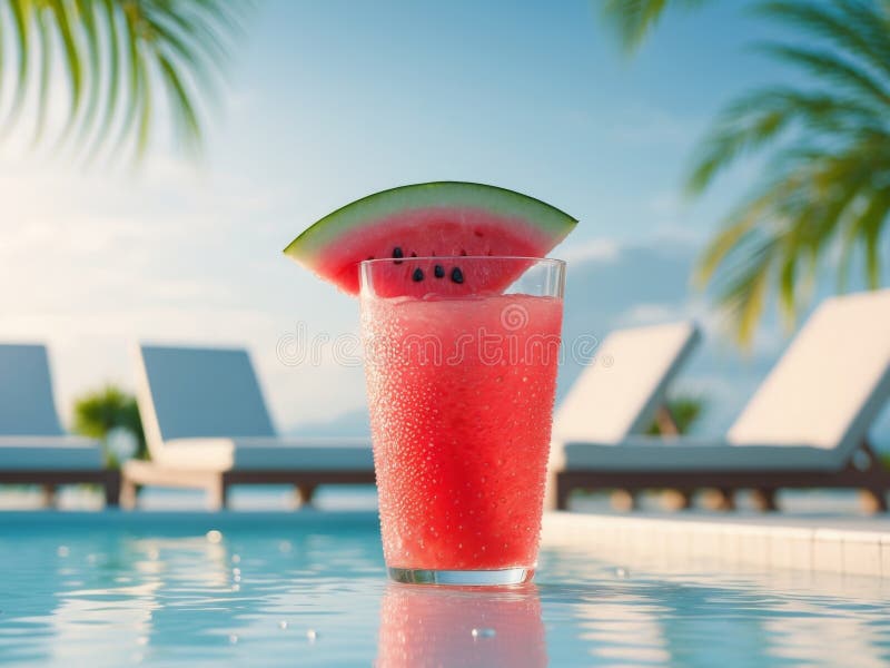 Refreshing Watermelon Juice by the Poolside. Stock Image - Image of drink, potable: 370418795
